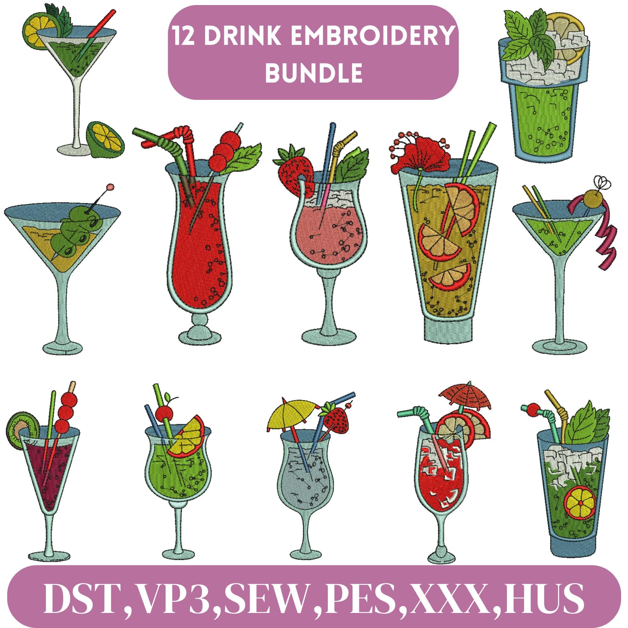 Drinks Embroidery Design, Tropical Drink Embroidery, Martini Drinks ...