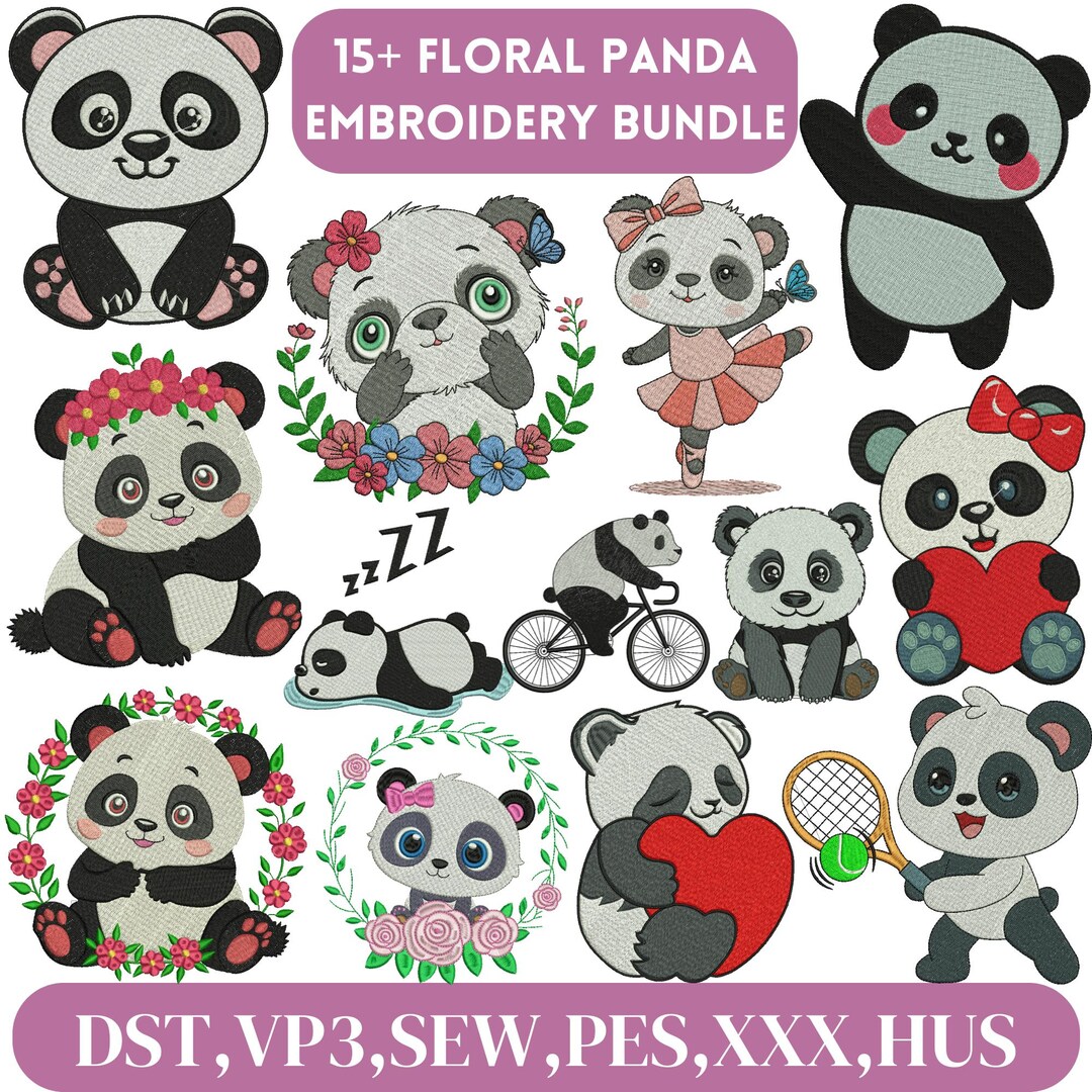 Panda Embroidery Design, Panda With Roses Motif, Panda Bear Embroidery ...