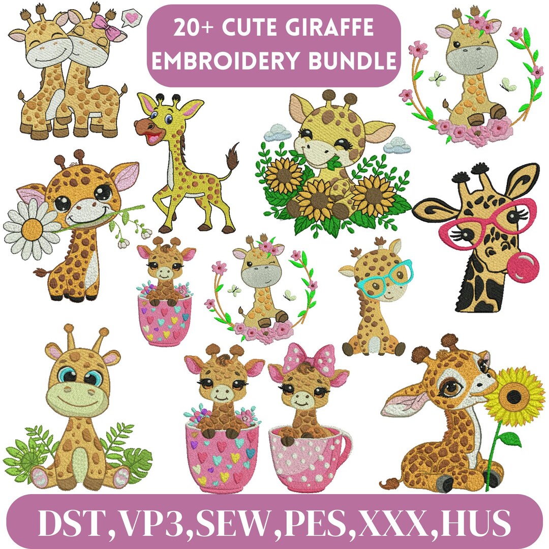 Giraffe Embroidery Design, Flower Giraffe Embroidery, Cute Giraffe ...
