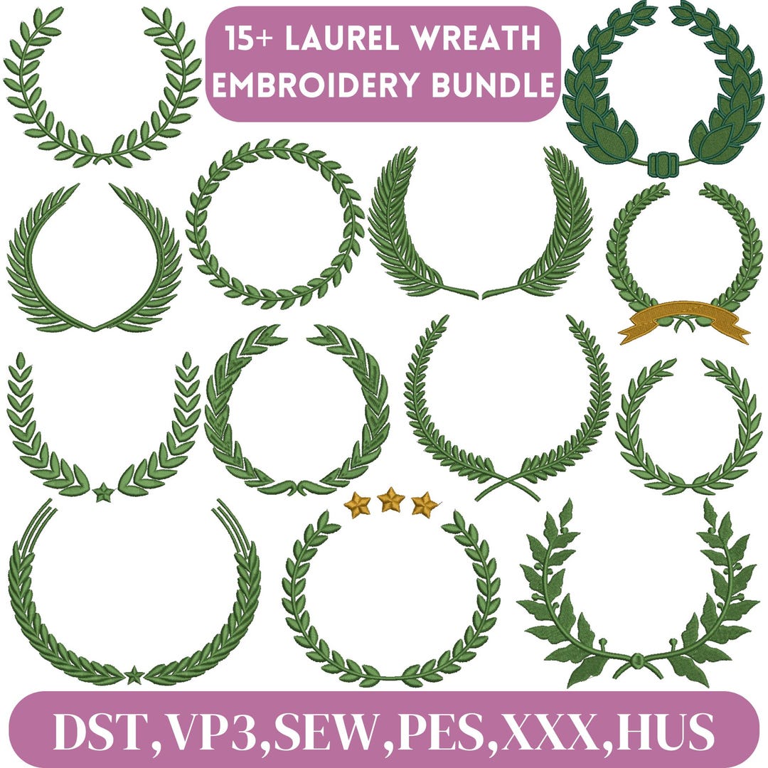 Laurel Wreath Embroidery Design, Coral Laurel Wreath Embroidery, Laurel ...