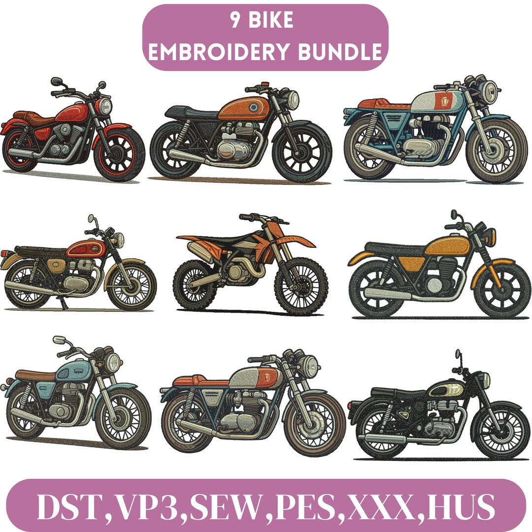Motorcycle Embroidery Design, Vintage Motorbikes, Chopper Pattern ...