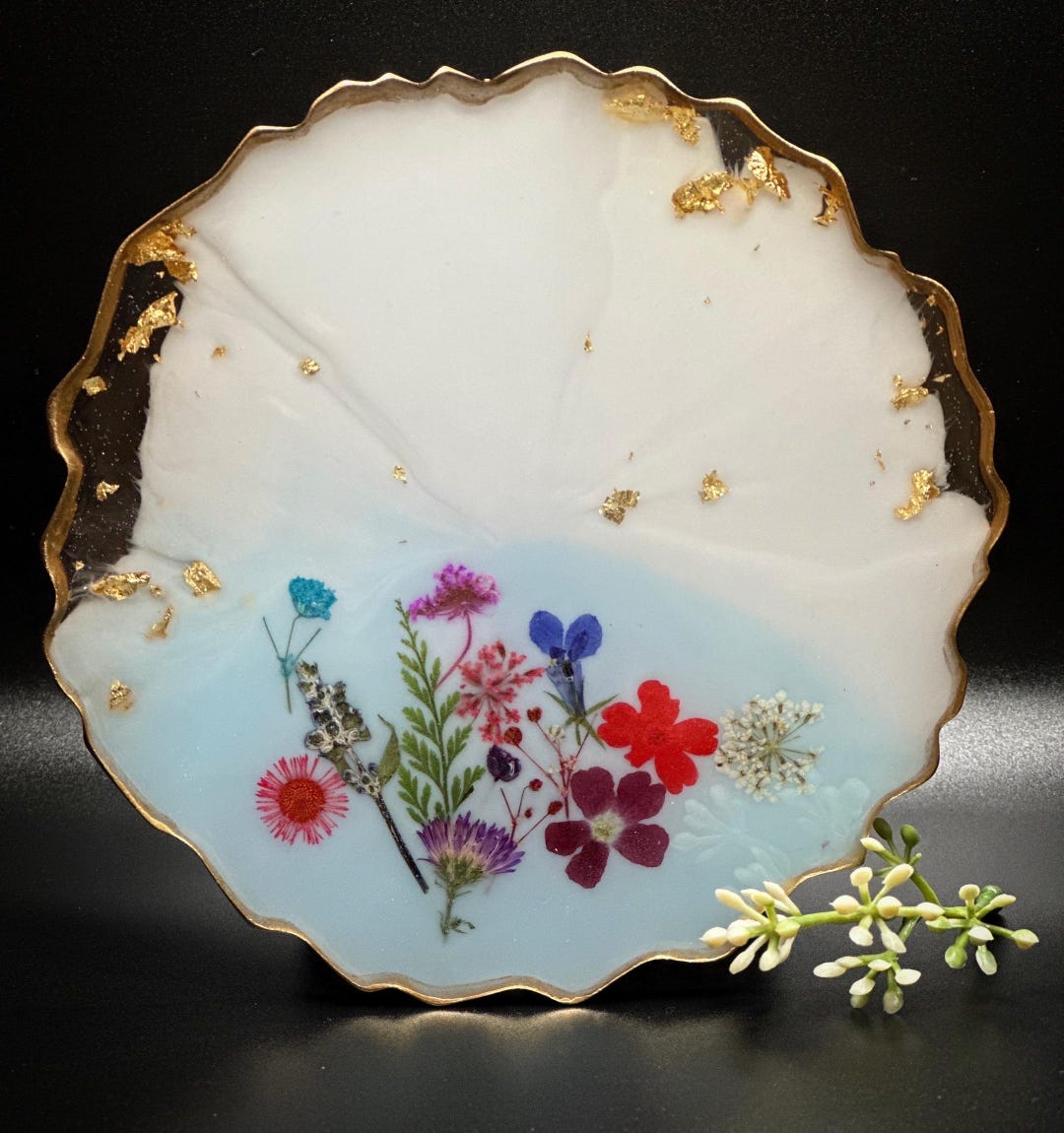 Handcrafted Baby Blue Resin Coaster With Pressed Flowers and Gold ...
