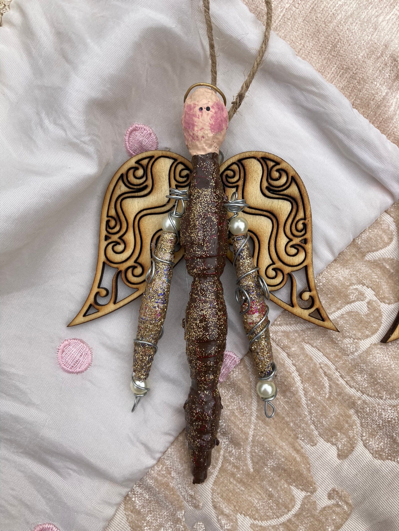 Handmade Icicle Angel Ornament, Glitter Laser Cut Wood Wings, Shabby ...