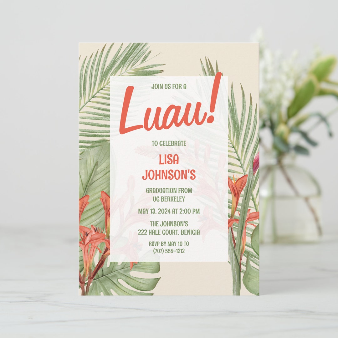 Hawaii Theme Graduation Invitation, Luau Graduation Party Invitation ...