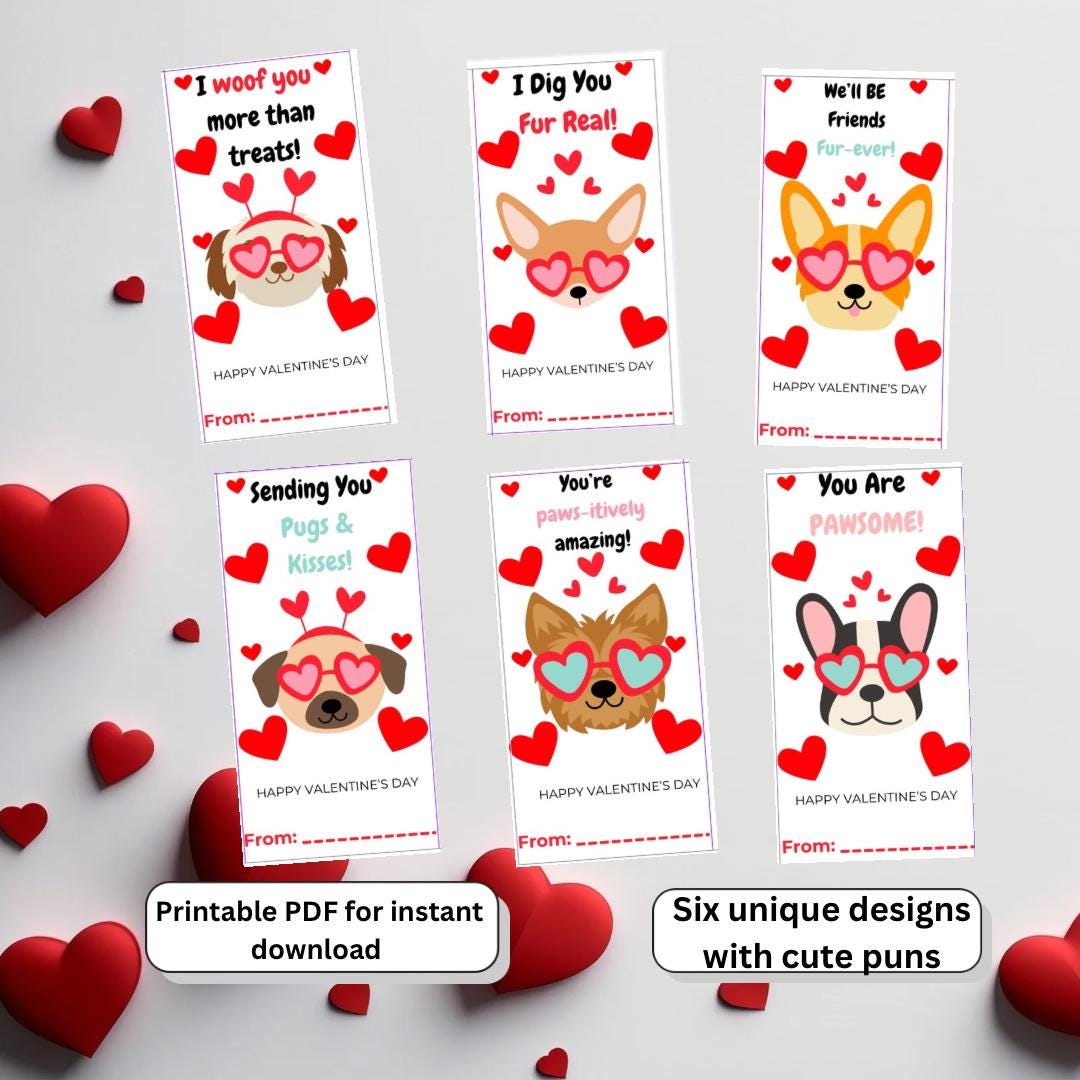Printable Dog Valentines for Kids Puppy Love Valentine Cards Classroom ...