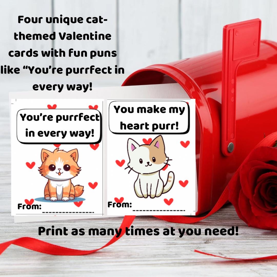 Valentines Day Classroom Cat Cards for Kids Printable & Instant Digital ...