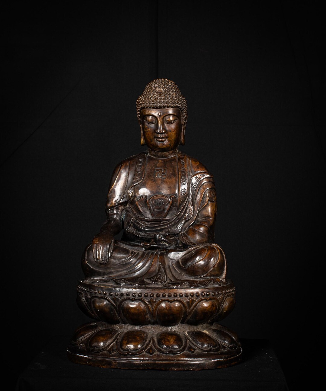 Bronze Buddha China – Bhumisparsha & Dhyana Mudra – Manji Symbol ...
