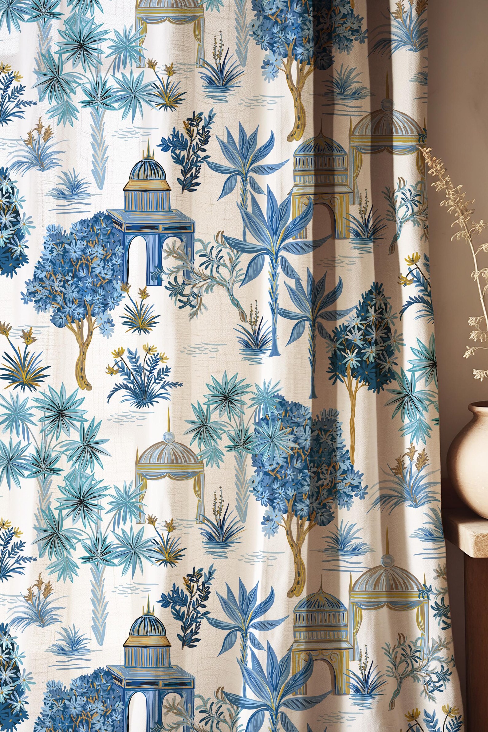 Chinoiserie Toile Palm Trees and Pagodas Fabric by the Yard, Toile ...