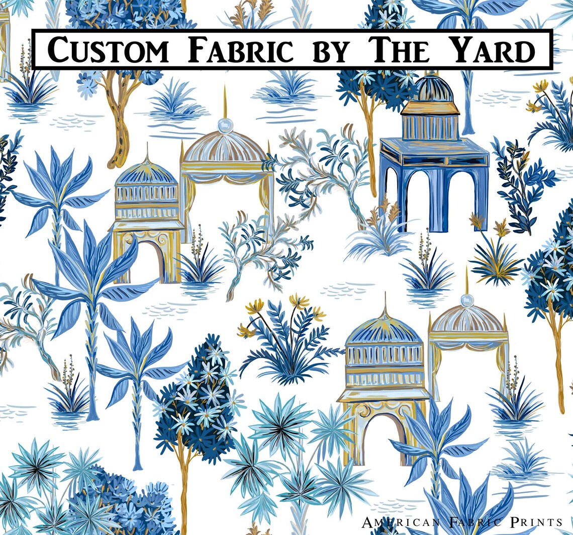 Chinoiserie Toile Palm Trees and Pagodas Fabric by the Yard, Toile ...