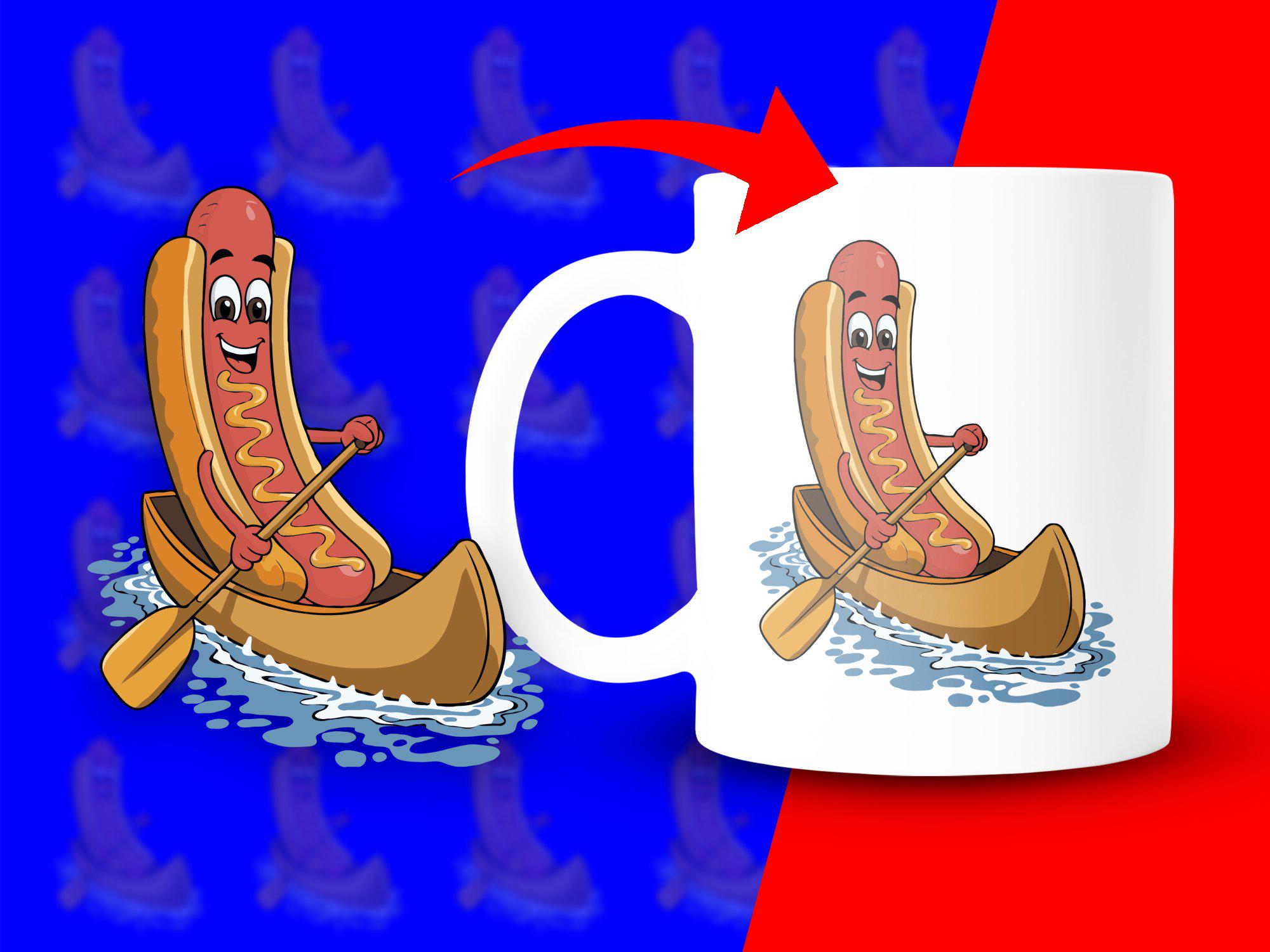 Funny Hot Dog Canoe Illustration, Cartoon Hot Dog Paddling Digital ...