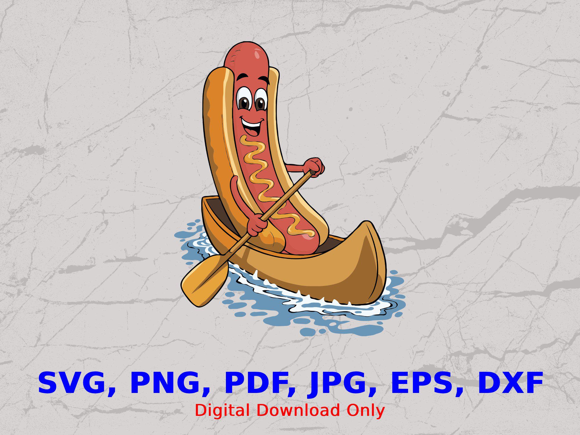 Funny Hot Dog Canoe Illustration, Cartoon Hot Dog Paddling Digital ...