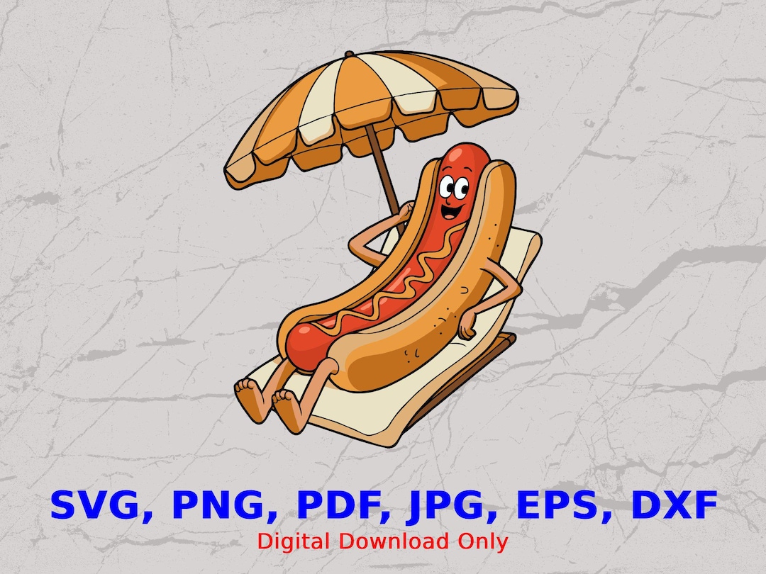 Funny Hot Dog Cartoon Relaxing Digital Print, Summer Beach Hot Dog ...