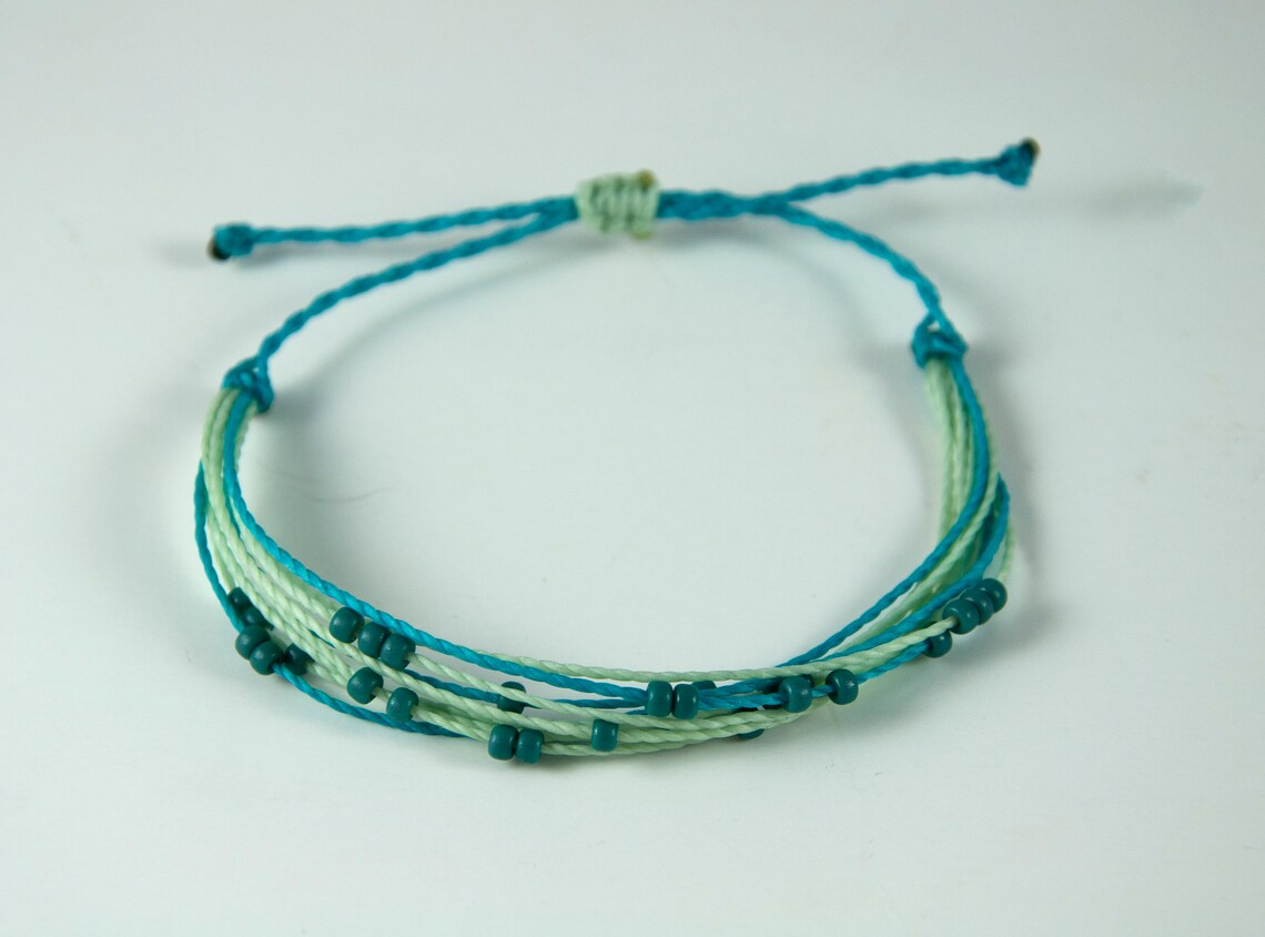 String Bracelet, Blue and Mint Surfer Bracelet With Turquoise Beads ...