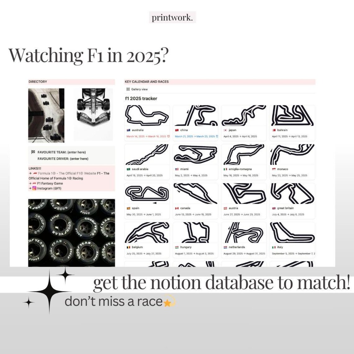 F1 2025 Season Notion Calendar & Tracker (customizable Template) - Etsy