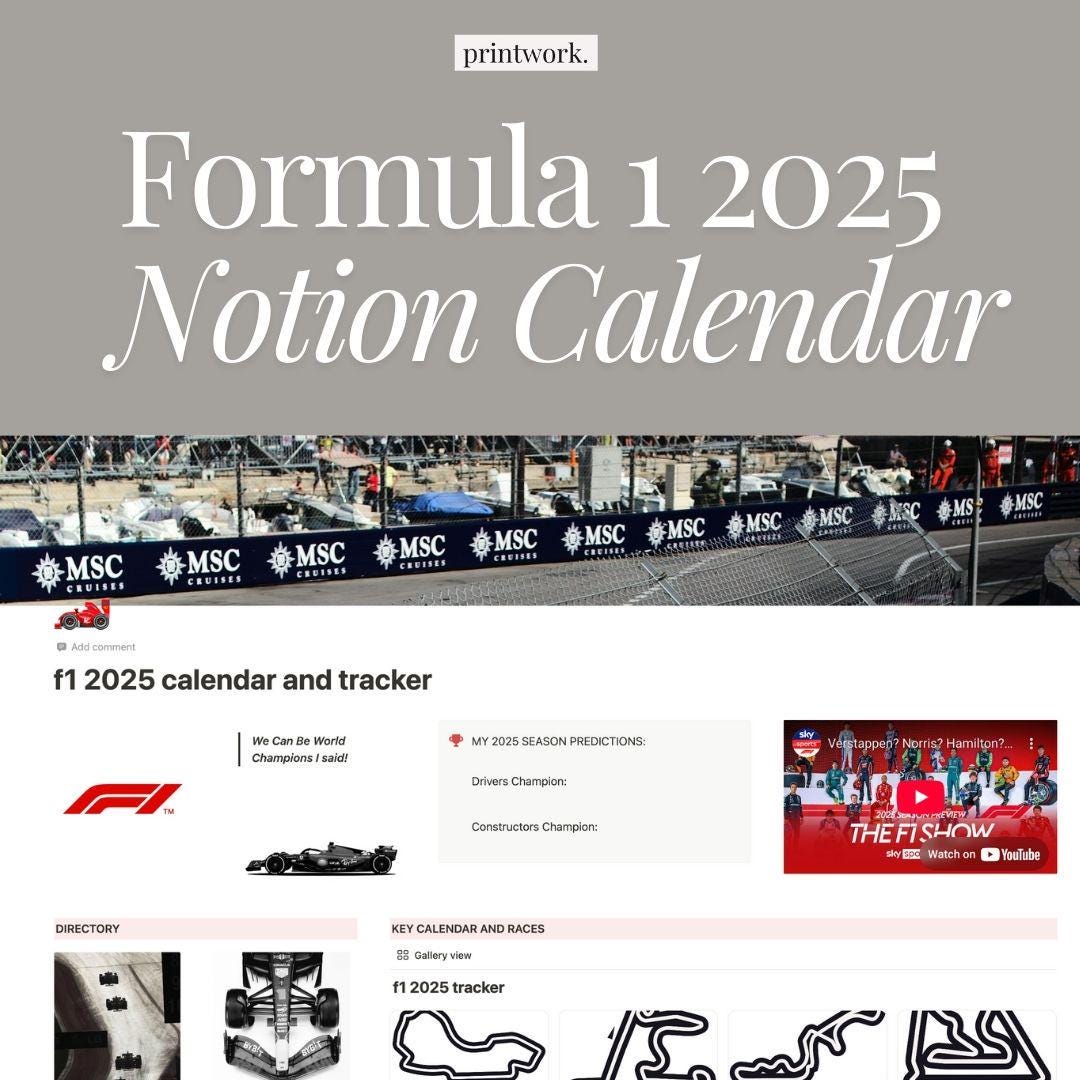 F1 2025 Season Notion Calendar & Tracker (customizable Template) - Etsy