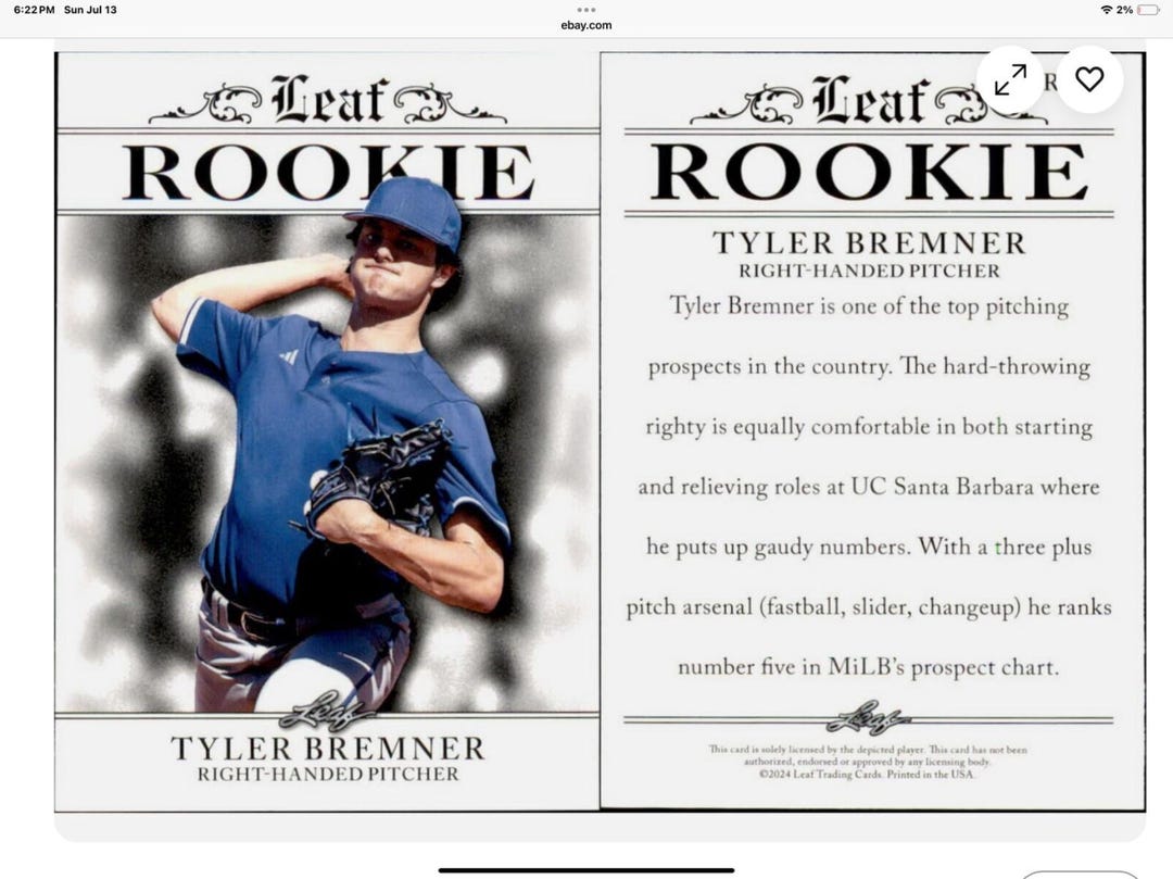 2024 Leaf Rookie Tyler Bremner 10 Count Rookies Santa Barbara La Angels ...