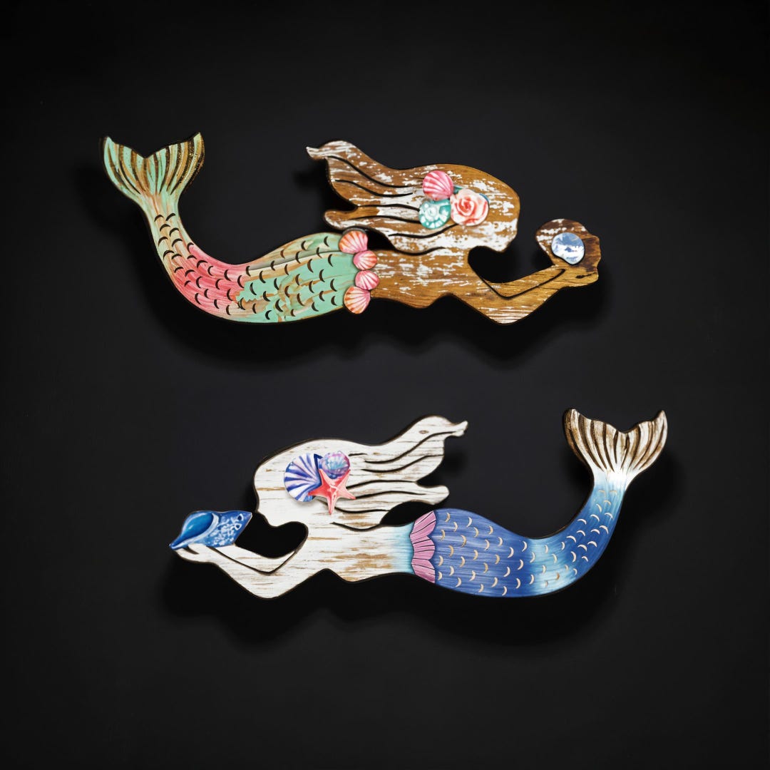 Coastal Mermaid Wall Decor Set – Wooden Mermaids With Shell Accents ...