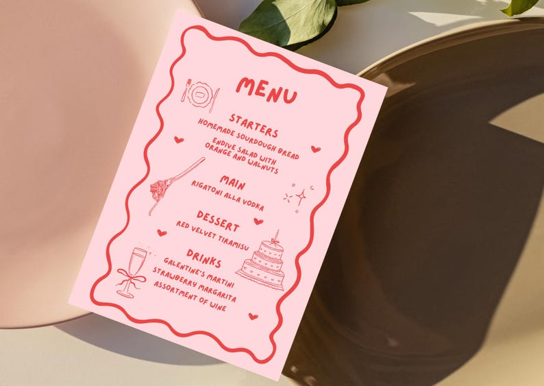 Modello di menu per la cena di San Valentino di Galentine Menu carino ...