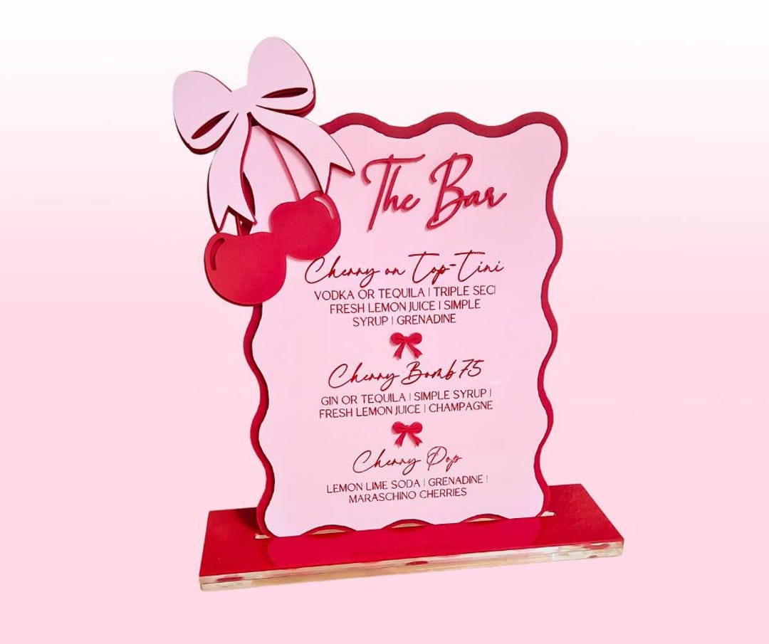 Cherry and Croquette Bow Birthday Bar Sign, Custom Drink Sign, Cherry ...