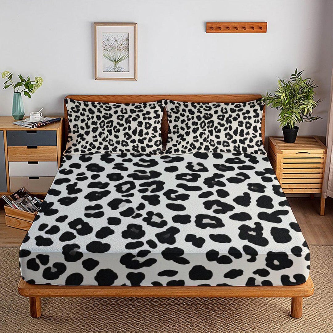 Black White Leopard Print Sheet Set, Fitted Bed Sheet Set, Deep Pocket ...