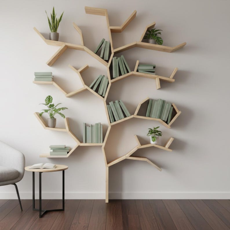 Wood Tree Bookcase, Handmade Wooden Bookshelf, Decorative Wall Book ...