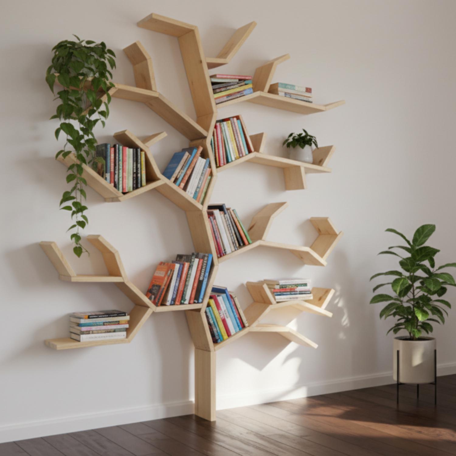 Wood Tree Bookcase, Handmade Wooden Bookshelf, Decorative Wall Book ...
