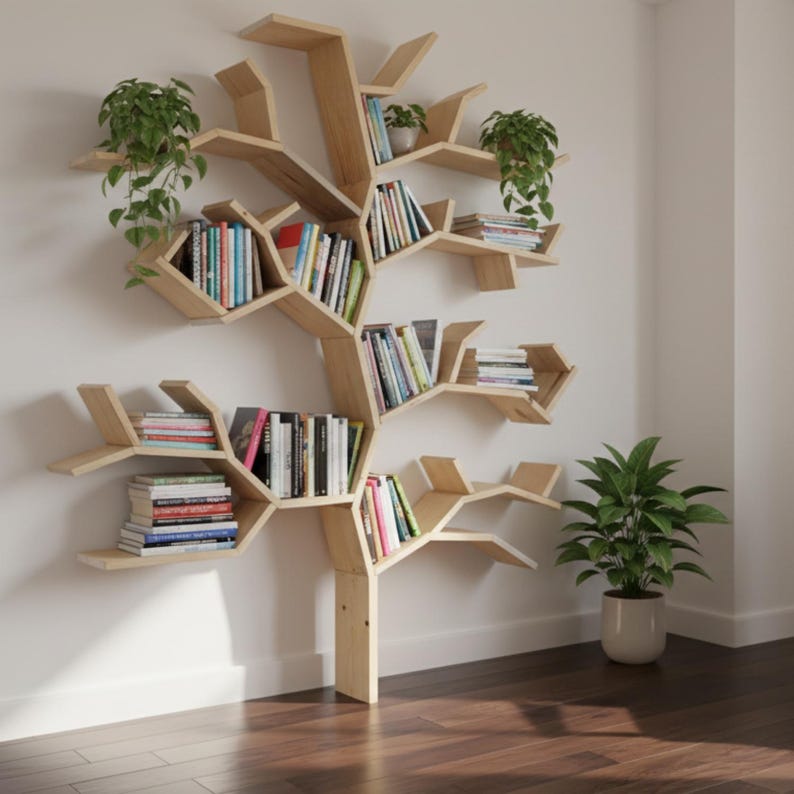 Wood Tree Bookcase, Handmade Wooden Bookshelf, Decorative Wall Book ...