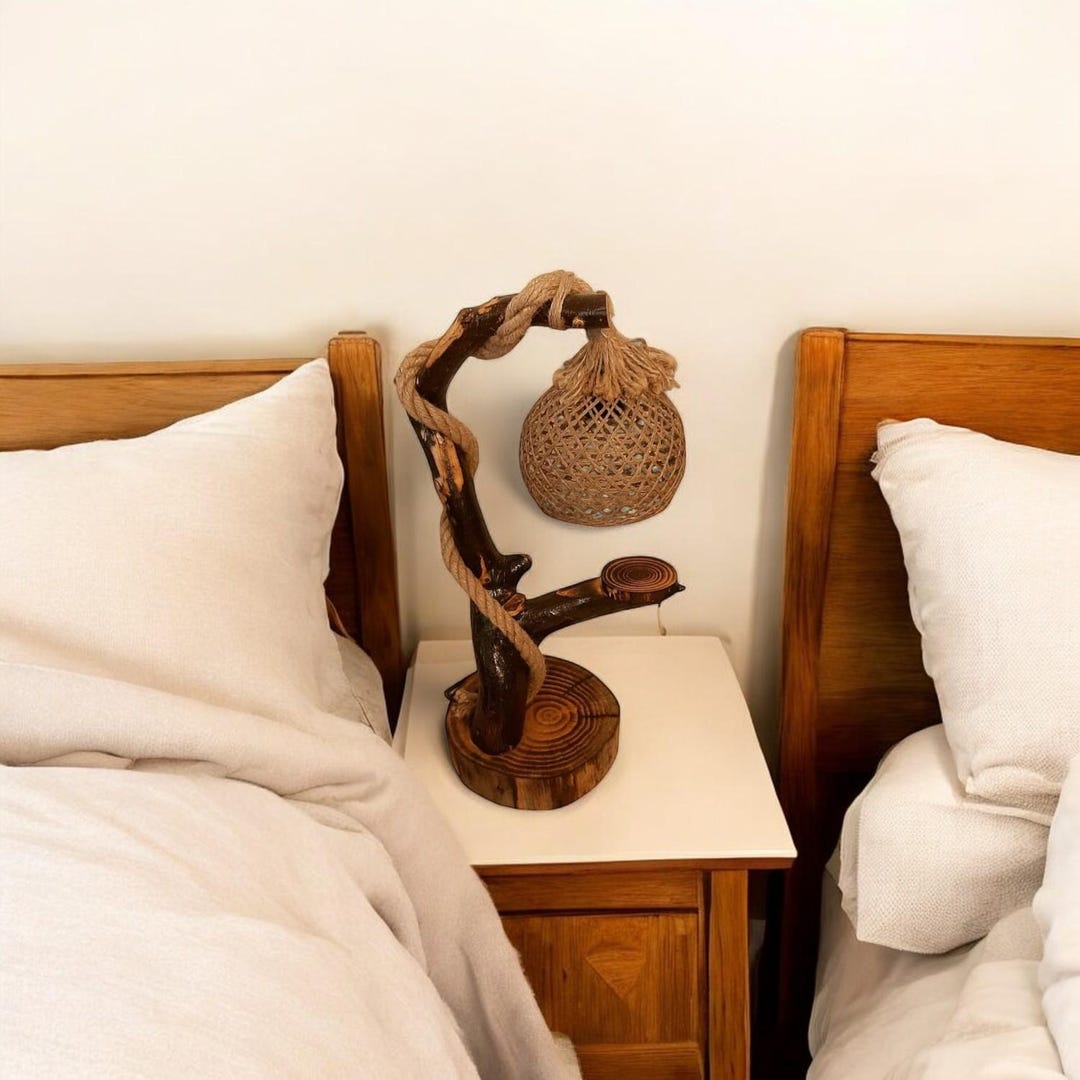 Rustic Wood Table Lamp With Wicker Shade & Rope Detail - Etsy