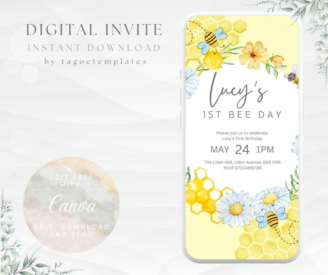 Bee Day Invite, 1st Bee Day, Bee Theme Birthday, Birthday Invite for ...
