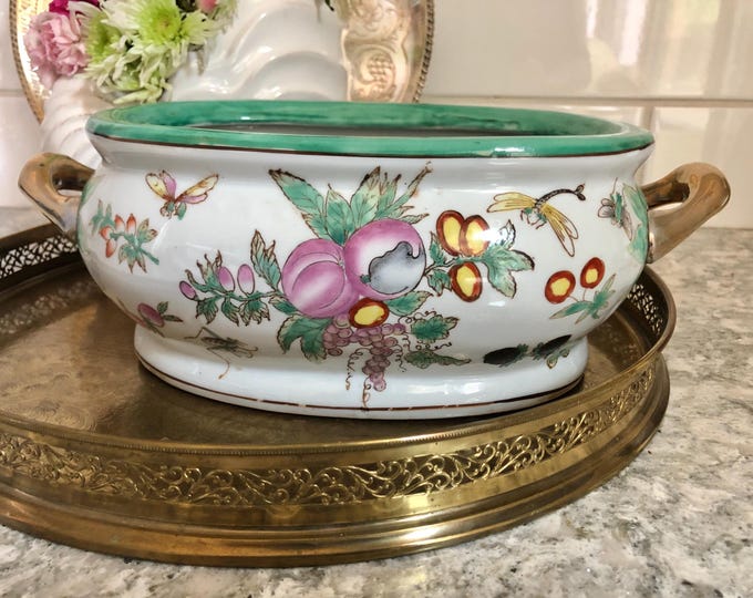 Vintage Chinoiserie Jardiniere Planter, Oval Cachepot With Dual Handles ...