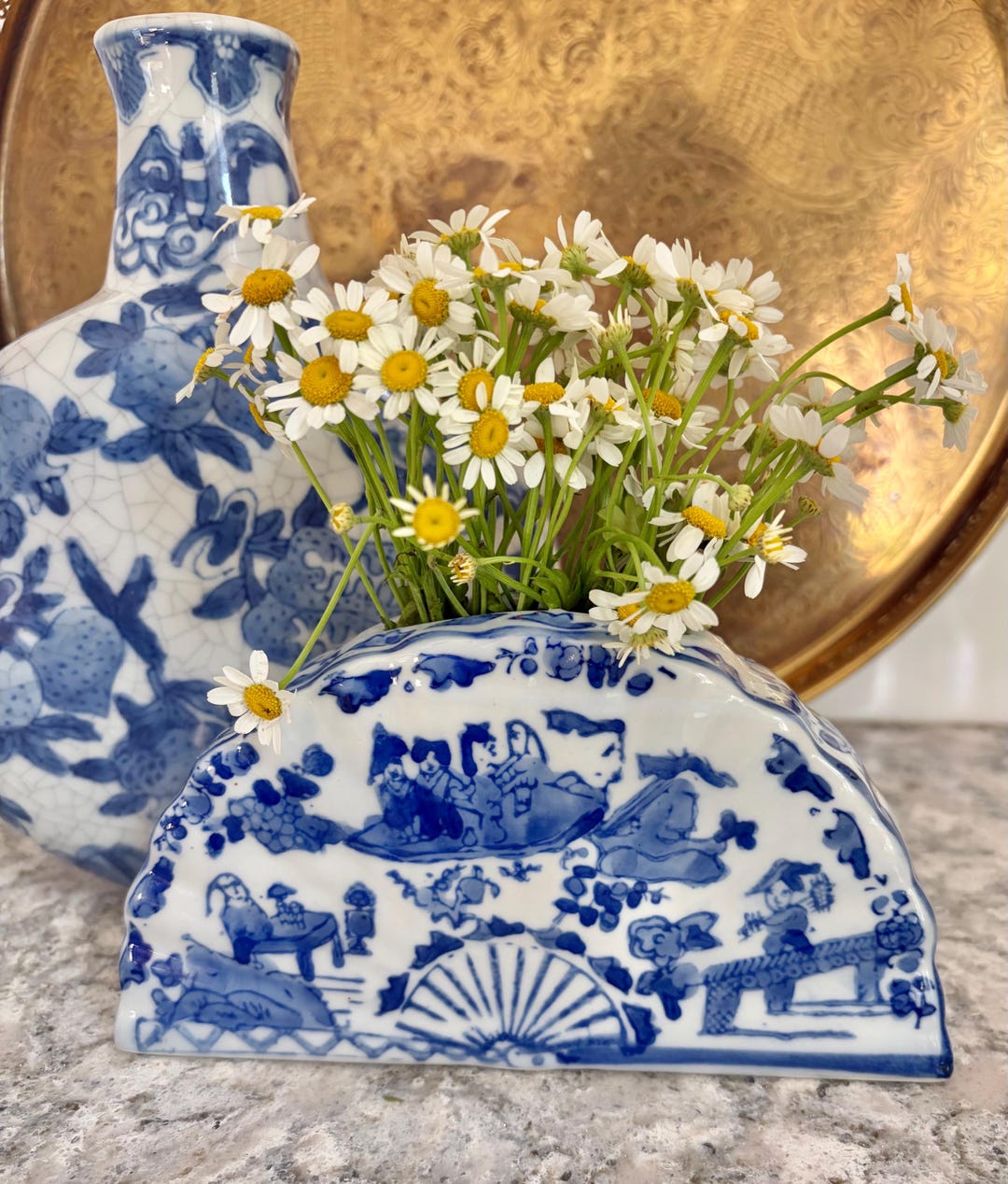 Vintage Blue & White Fan Shaped Vase, Chinoiserie Decor - Etsy