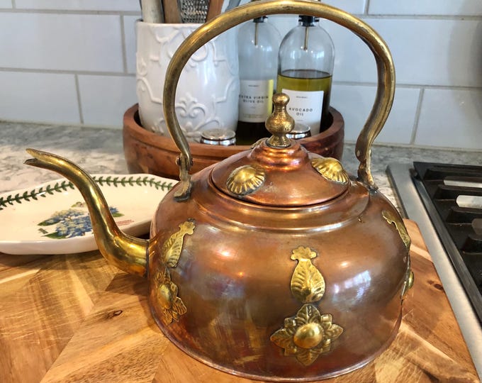 Vintage Moroccan Copper Tea Kettle With Brass Detailing, MCM Kitchen ...