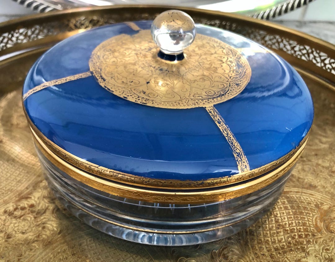Antique Heisey Glass Vanity Box, Art Deco Trinket Dish, Cobalt Blue and ...