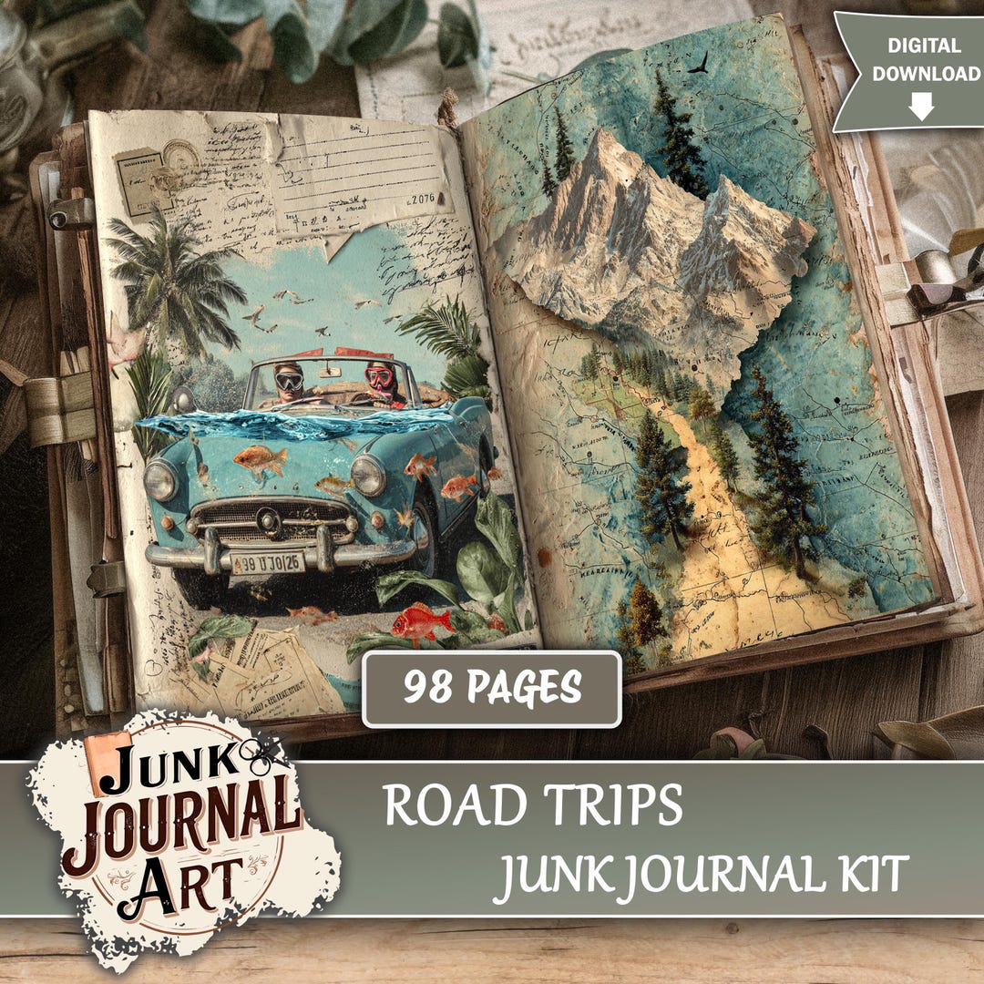 Road Trip Junk Journal Printable Pages - Travel Kit, Vintage Map Paper ...