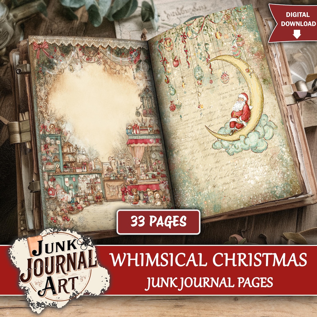 Whimsical Christmas Junk Journal Pages, Christmas Tree, Santa Moon ...