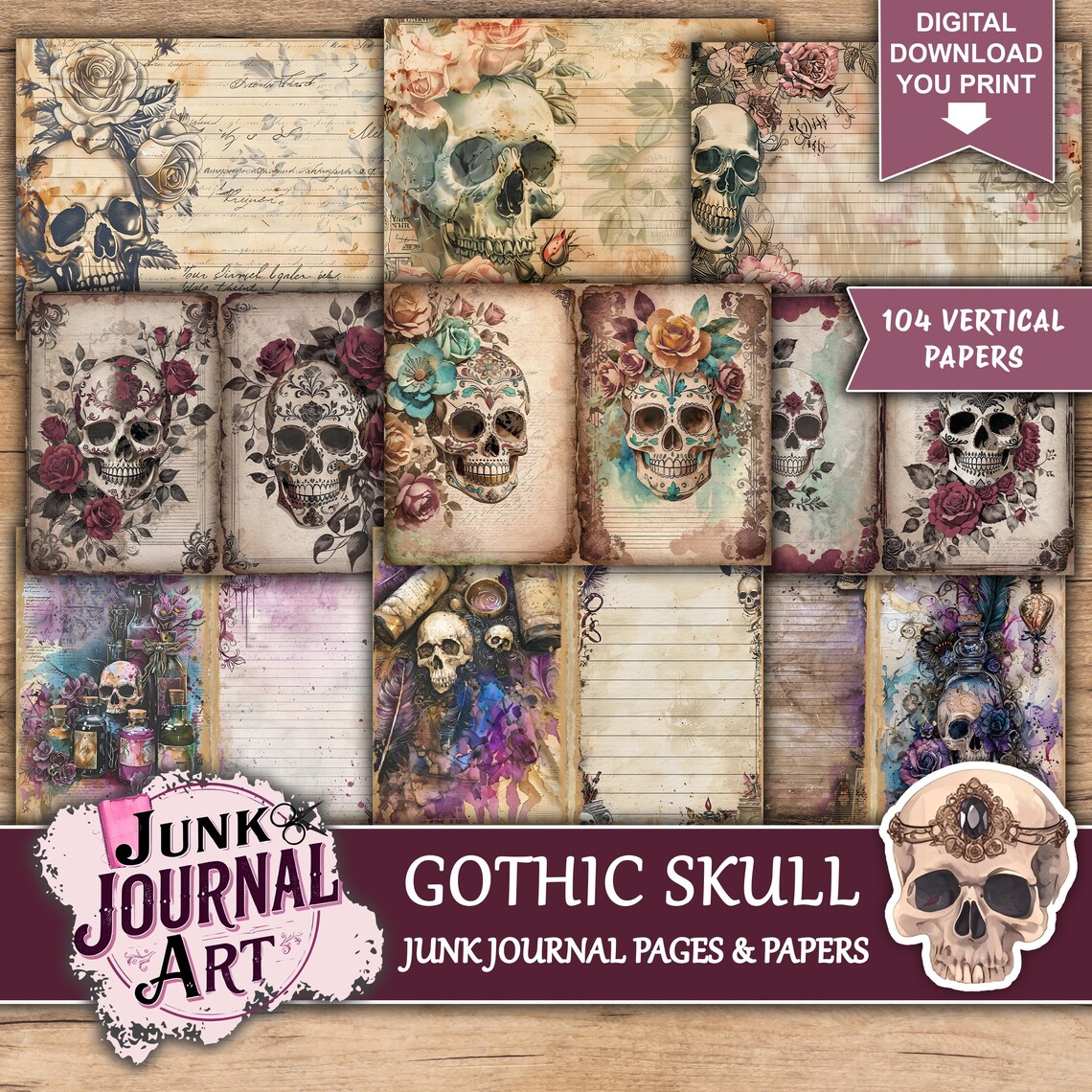 Gothic Skull Junk Journal Kit, Dark Floral Macabre Printable Papers ...