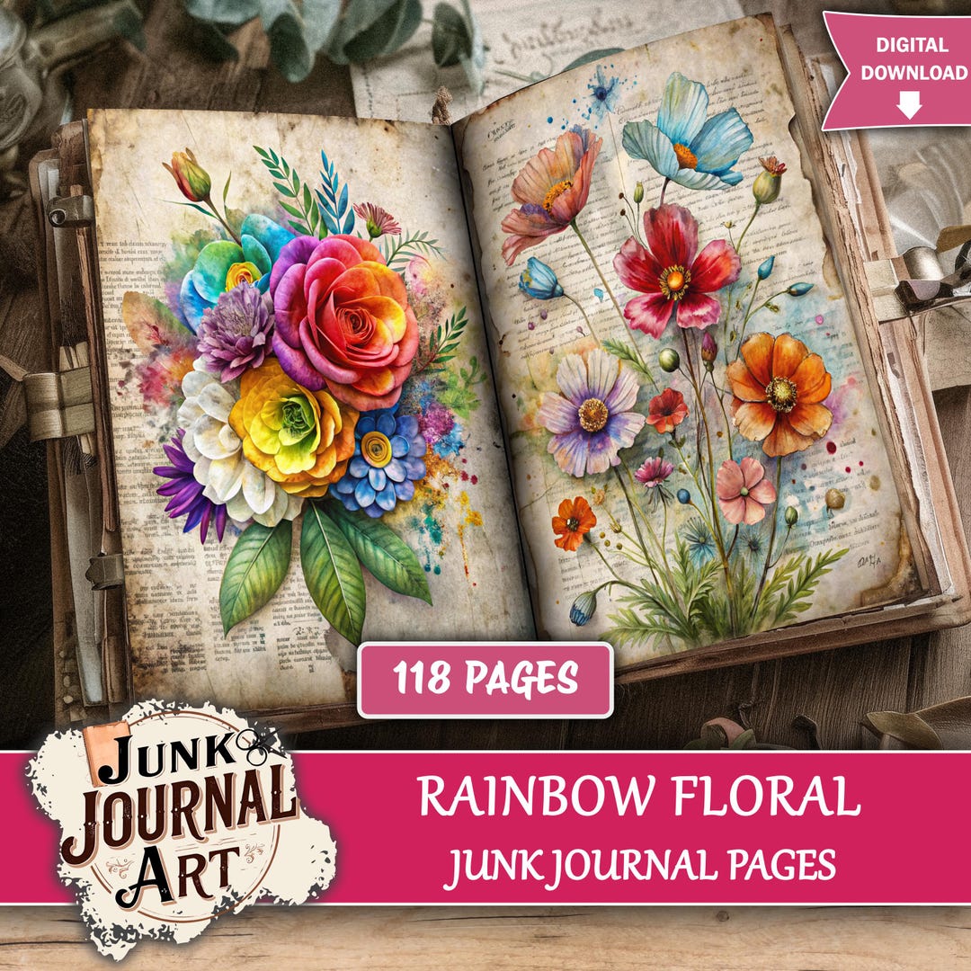 Rainbow Floral Junk Journal, Junk Journal Supplies, Junk Journal Kits ...