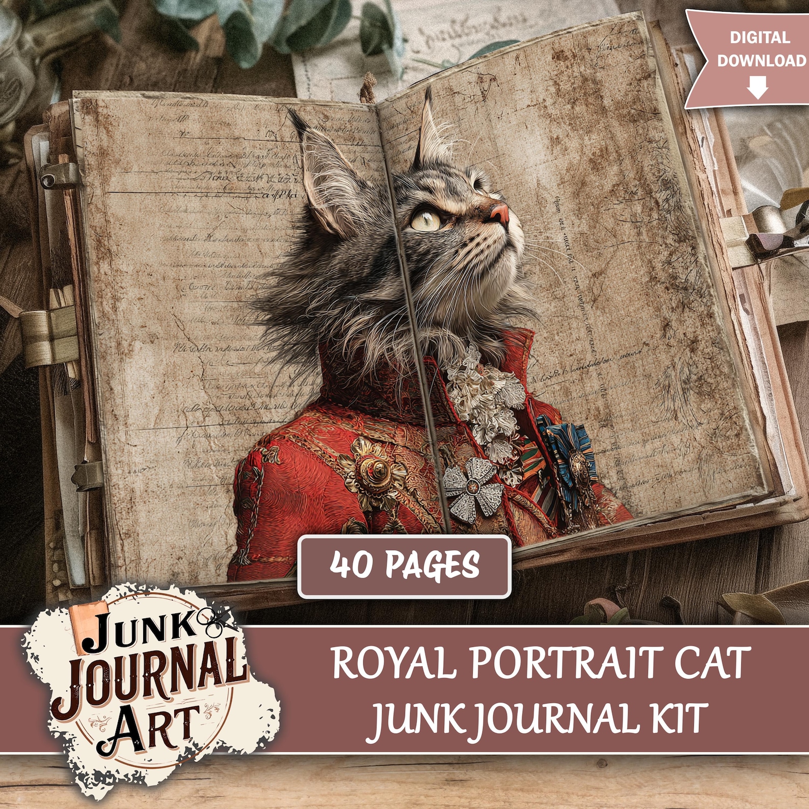 Royal Portrait Cat Junk Journal Pages, Vintage Aristocrat Kitten Paper ...