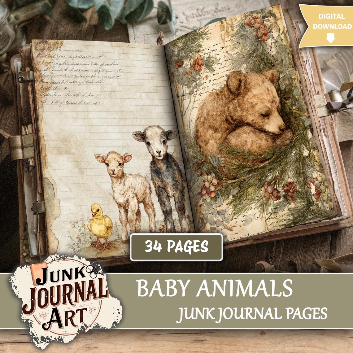 Baby Animals Junk Journal Printable Pages - Vintage Nursery Paper ...