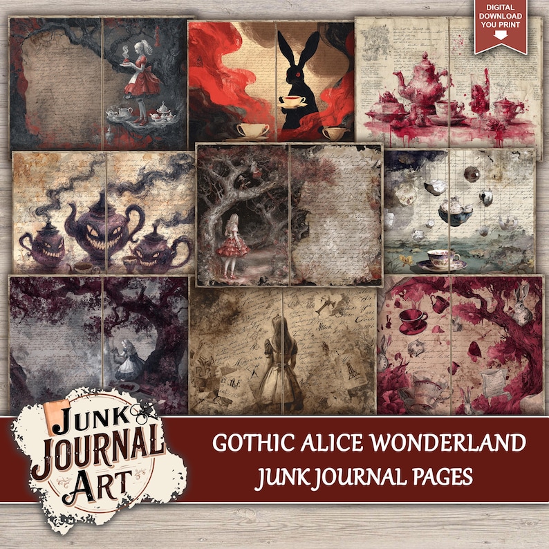 Gothic Alice Wonderland Junk Journal Pages, Dark Fantasy Ephemera ...