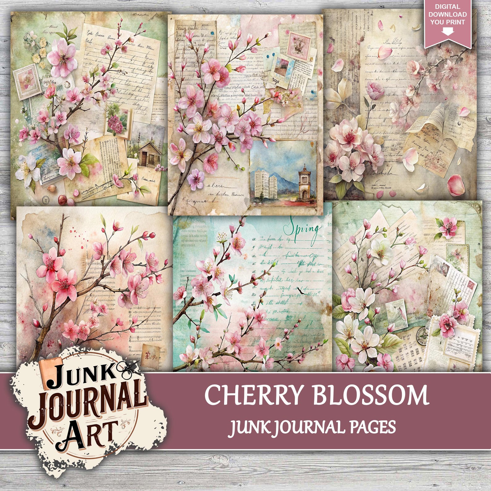 Cherry Blossom Junk Journal Pages, Junk Journal Supplies, Junk Journal ...