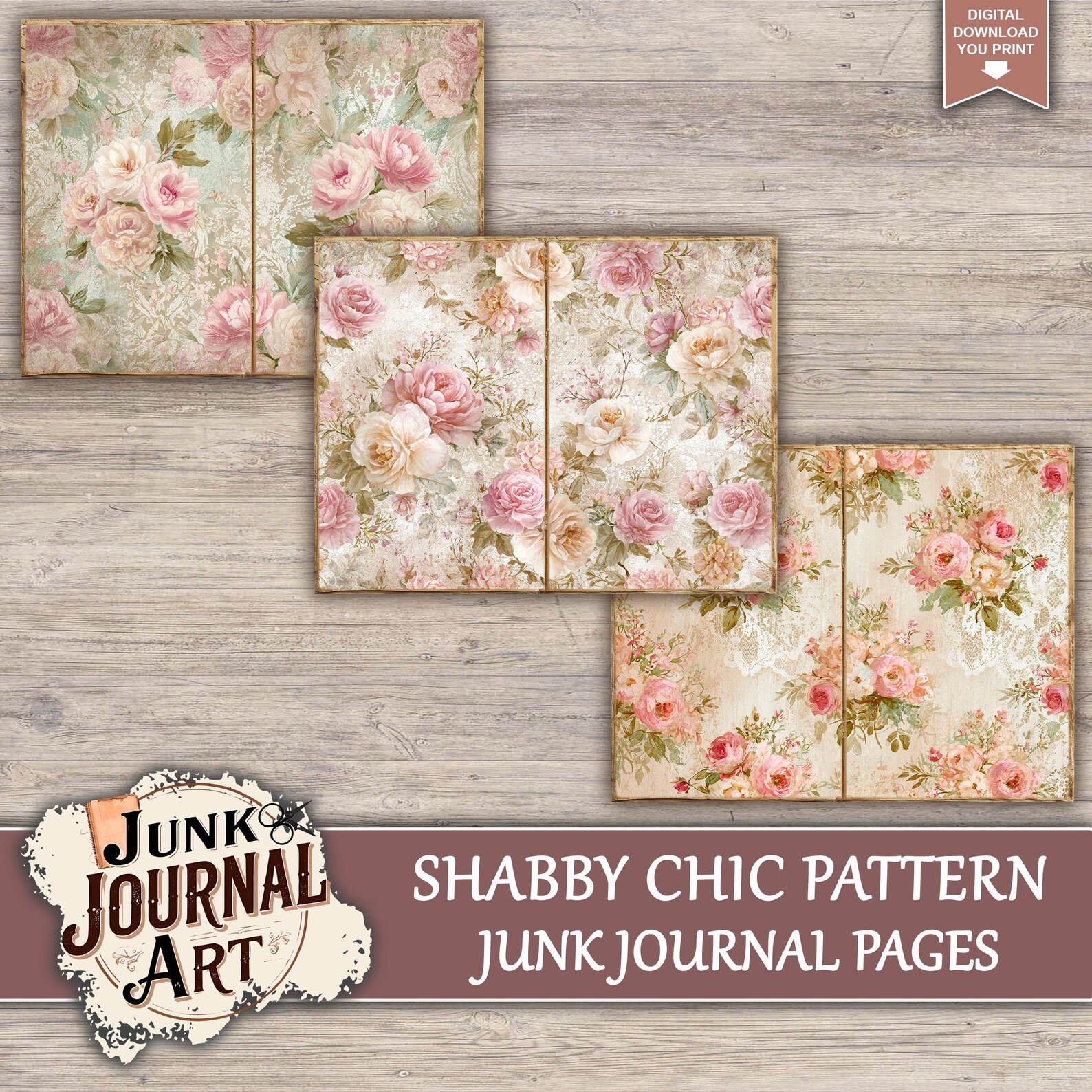 Shabby Chic Pattern Junk Journal Pages, Vintage Floral Kit, Pink Rose ...