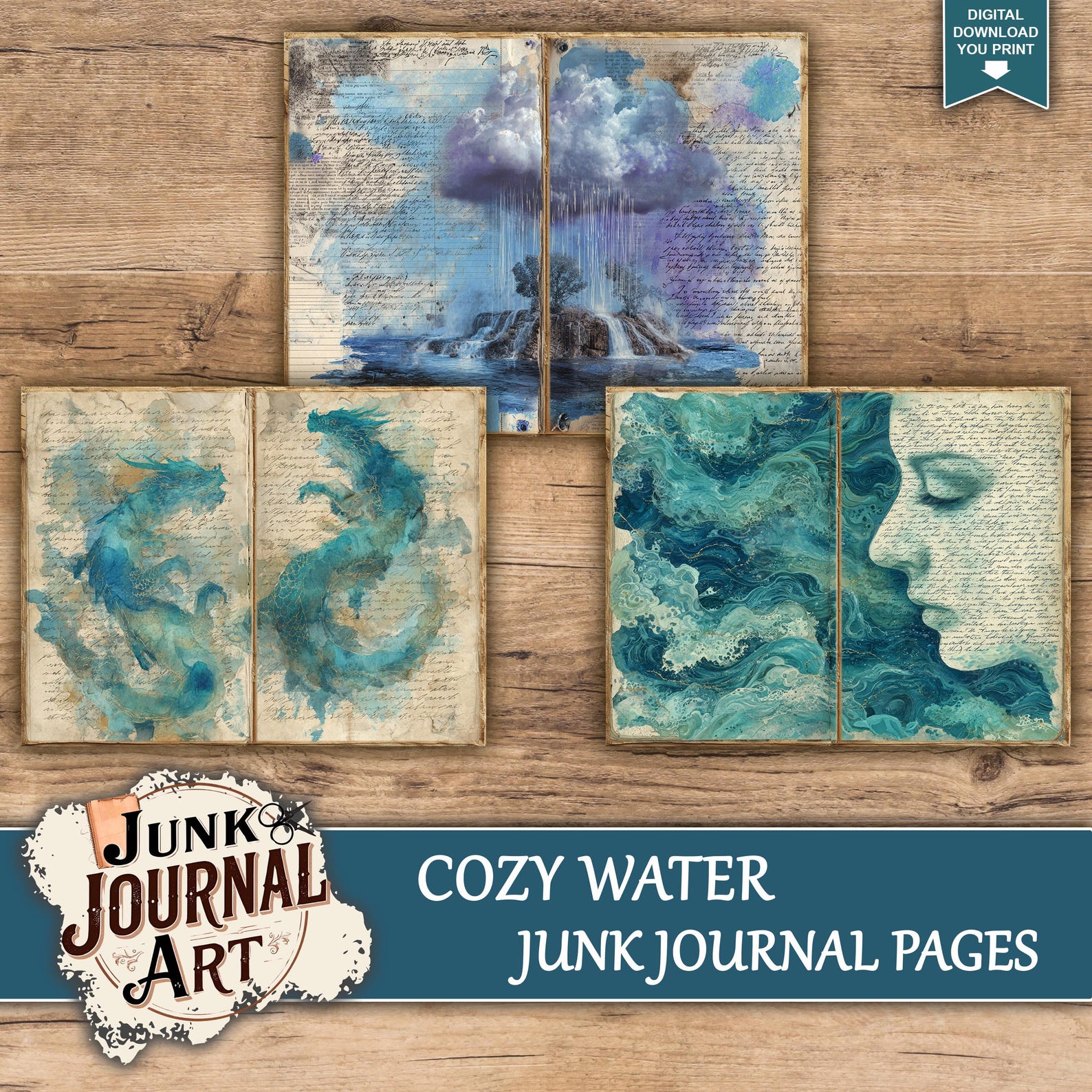 Cozy Water Junk Journal Pages Printable, Blue Rain Ephemera, Ocean ...