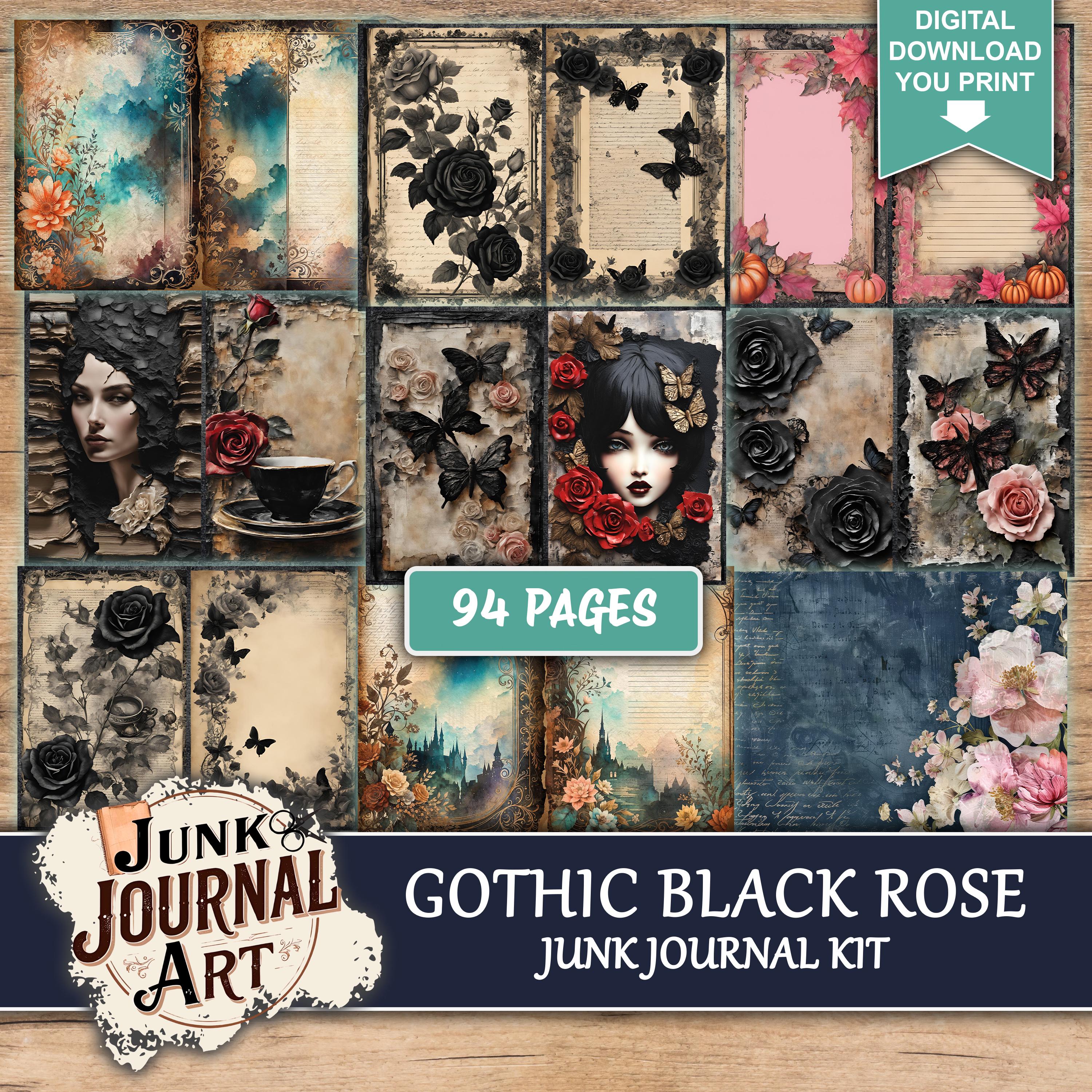 Gothic Black Rose Junk Journal Kit, Dark Floral Printable Papers ...