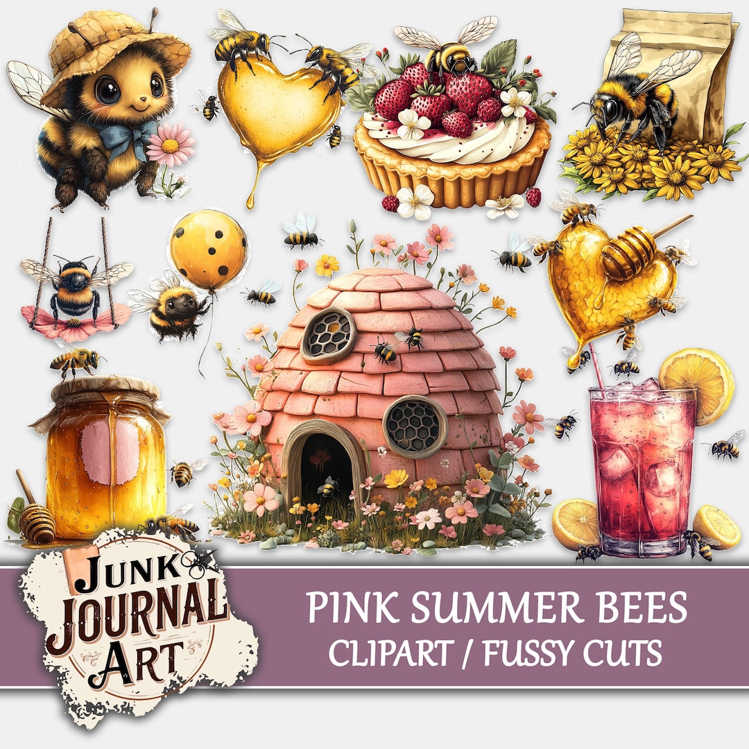 Summer Pink Bees Clipart – Honey Bee & Sunflower PNG Stickers, Ephemera ...