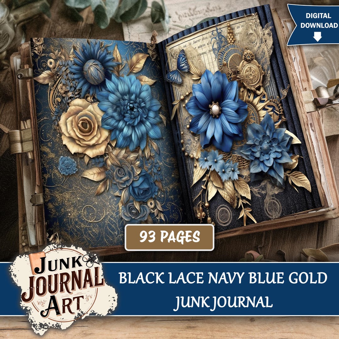 Black Lace Navy Blue Gold Junk Journal – Blue Lace Journal Kit, Flower ...