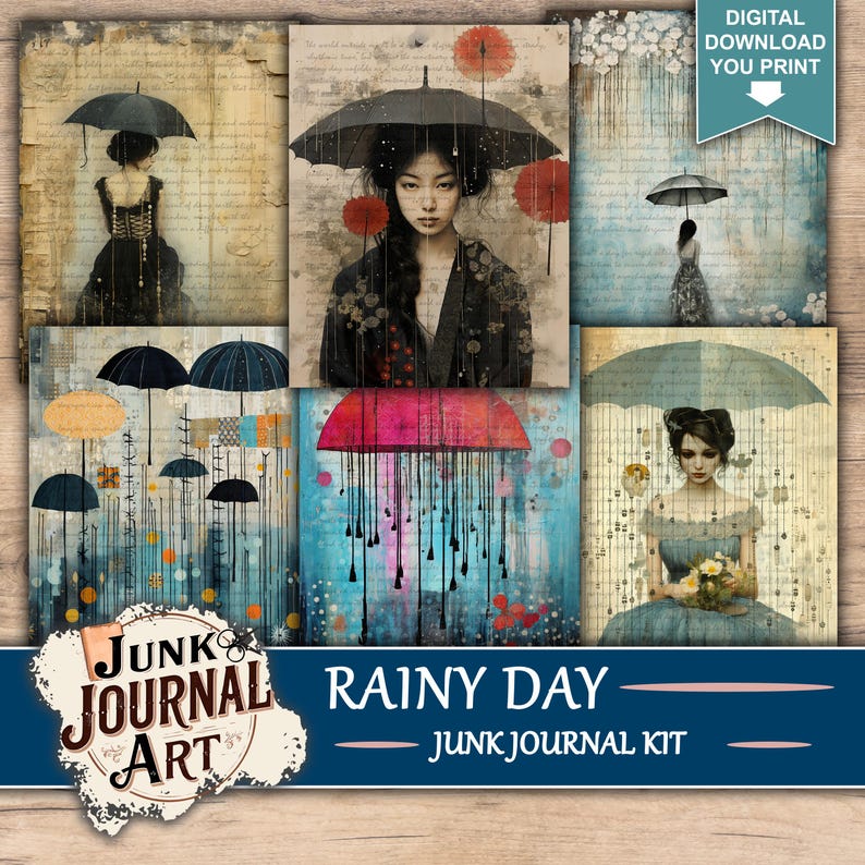 Cozy Rainy Day Junk Journal Kit, Vintage Umbrella Scrapbook Papers ...