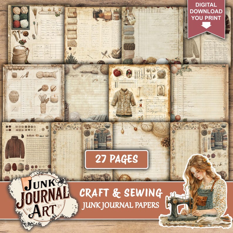 Vintage Craft Sewing Junk Journal Kit, Knitting Ephemera, Printable ...
