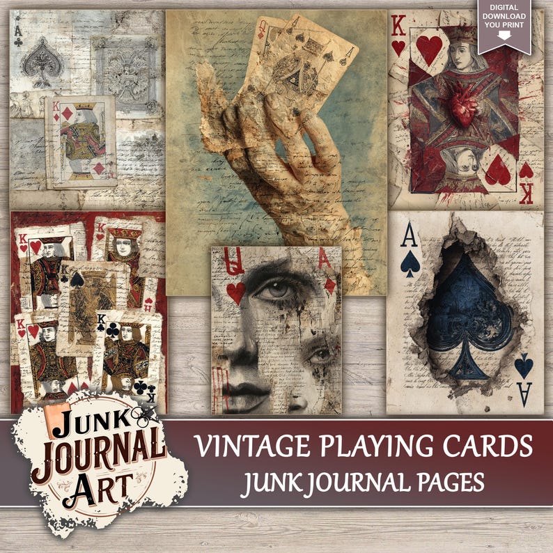 Vintage Playing Cards Junk Journal Printable Pages - Poker Kit, King ...