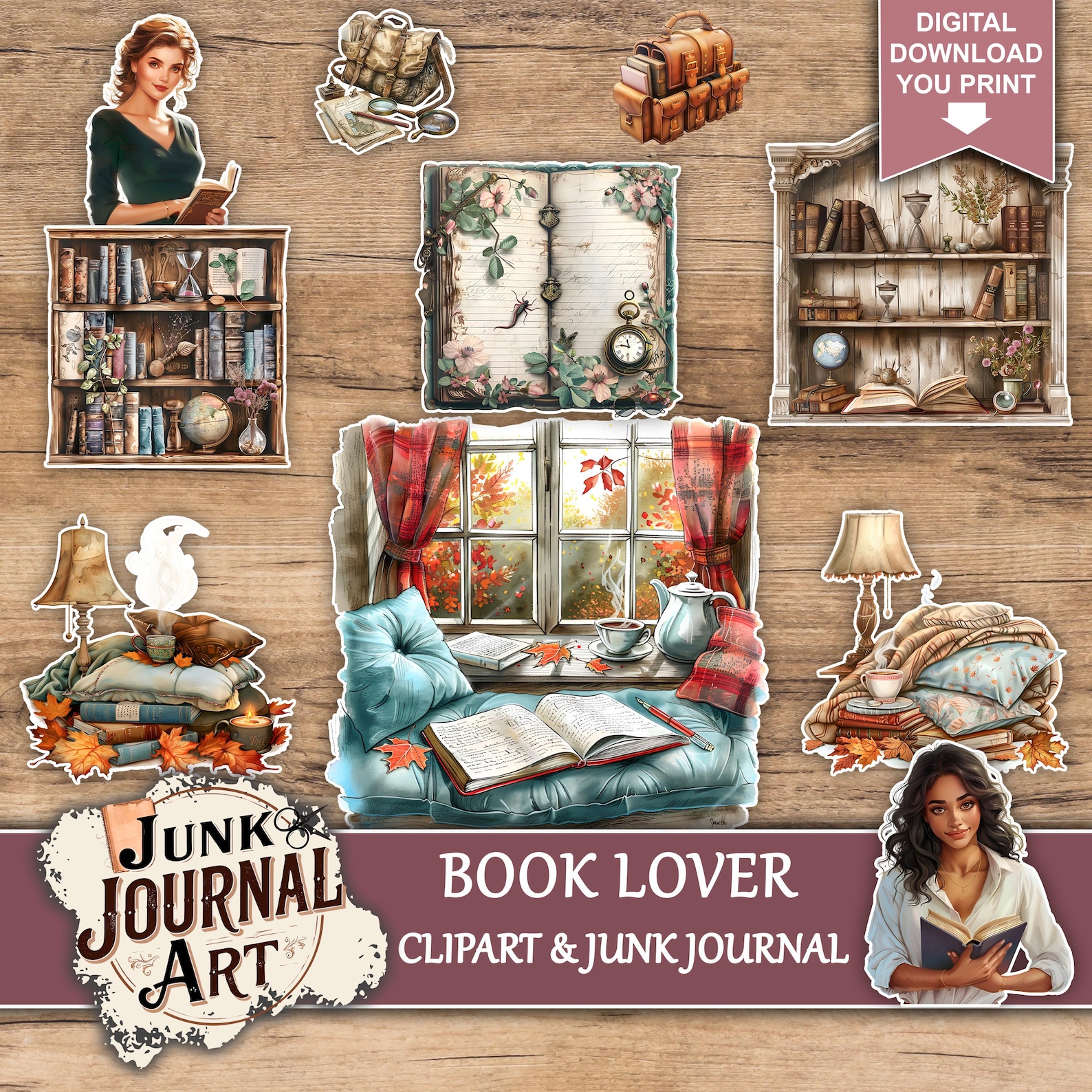 Cozy Book Lover Clipart Bundle, Watercolor Reading Girl PNG, Library ...